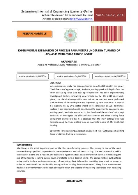 Pdf Experimental Estimation Of Process Parameters Under Dry Turning Of Aisi 4340 With Cvd