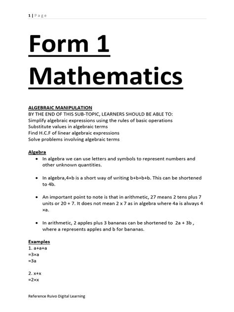 Form 1 Maths Notes Pdf Equations Inequality Mathematics