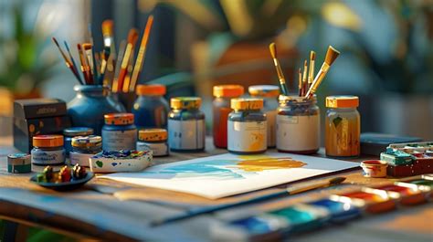 Art Class Setup With Paints Brushes And Paper Premium Ai Generated Image