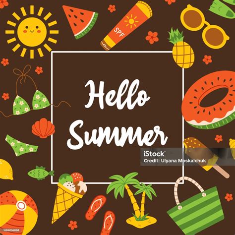 평면 디자인의 벡터 여름 광장 엽서 야자수 아이스크림 레몬 수박이 있는 갈색 배경 해변 파티를 위한 행복한 열대 삽화 Hello Summer 텍스트가 있는 인사말 카드입니다
