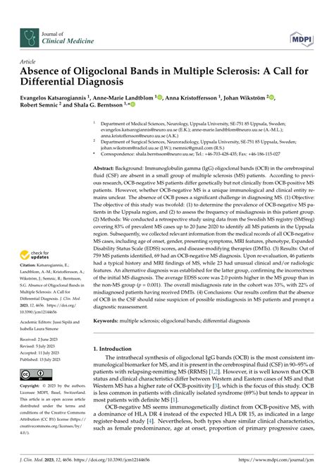 PDF Absence Of Oligoclonal Bands In Multiple Sclerosis A Call For Differential Diagnosis