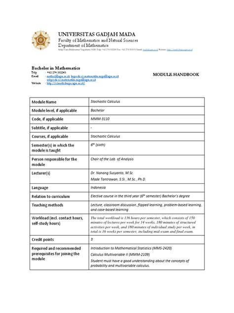 Module Handbook S1 Stochastic Calculus Pdf Mathematics