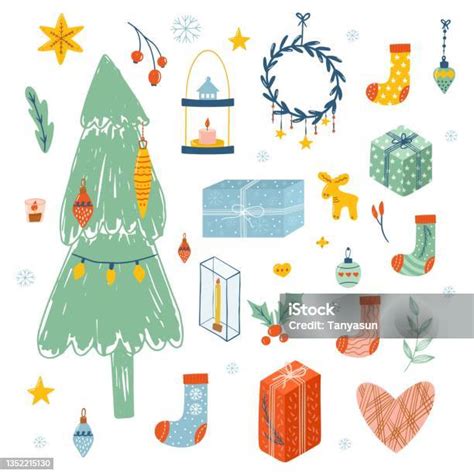 화환과 아늑한 크리스마스 장식의 벡터 세트 양말 과자 전나무 나무 케이크 진저 브레드 쿠키 선물 니트 모직 옷의 번들 어린이 일러스트레이션 스크랩북 트렌디 한 컬렉션 소파에