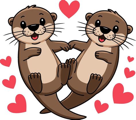 Cute Otters Holding Hands Surrounded By Hearts Cartoon Illustration