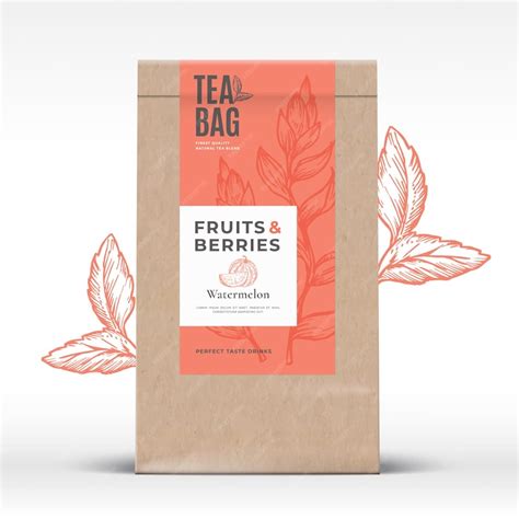과일과 열매 차 레이블 공예 종이 가방 현실적인 그림자와 함께 추상적인 벡터 포장 디자인 레이아웃 현대 인쇄 술 손으로 그린 수박과 잎 실루엣 배경 프리미엄 벡터