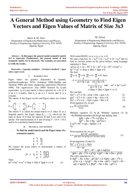 Pdf A General Method Using Geometry To Find Eigen Vectors And Eigen Values Of Matrix Of Size 3x3