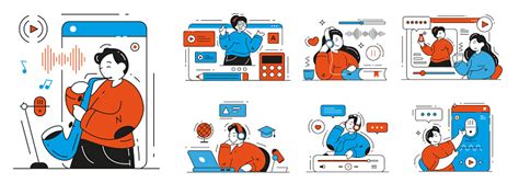 수집 인터넷 서비스 응용 프로그램 음악 라디오 팟 캐스트 듣기 웨비나 시계 온라인 튜터 블로깅에 대한 스톡 벡터 아트 및 기타 이미지 Istock