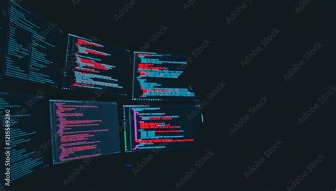 multiple monitors displaying programming code lines of software development digital technology