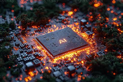 Ai Generated Microchip With Ai Logo Text Irradiating Pulse Of Blue Energy To Other Circuits