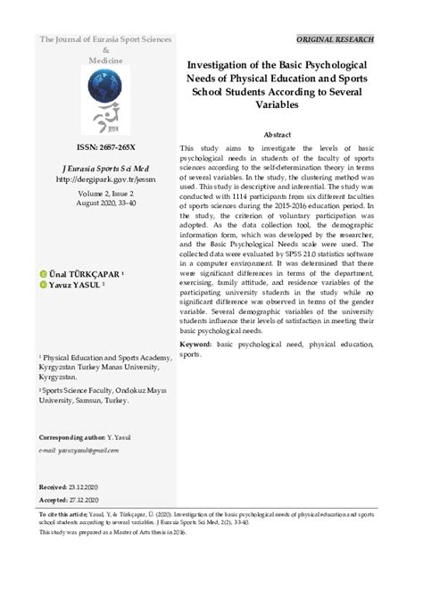 Pdf Investigation Of The Basic Psychological Needs Of Physical