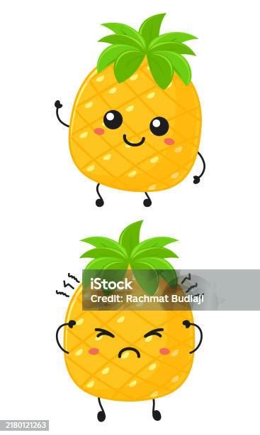 귀여운 슬프고 웃는 행복한 파인애플 과일 현대 만화 캐릭터 일러스트 아이콘 디자인 0명에 대한 스톡 벡터 아트 및 기타 이미지 0명 감정 건강한 생활방식 Istock