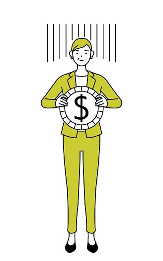 정장을 입은 고위 여성 여성 관리자 커리어 우먼 외환 손실 또는 달러 감가 상각 이미지의 간단한 선 그리기 그림 거래자에 대한 스톡 벡터 아트 및 기타 이미지 Istock