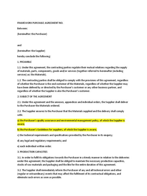 Framework Purchase Agreement Template Pdf