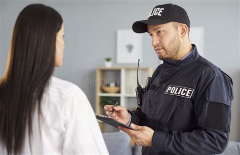 Policeman Asking Interrogating Woman Officer Police Man In Uniform Interviewing Criminal