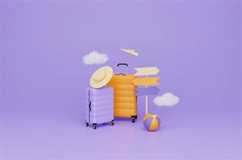 작은 노란색과 보라색 여행 가방 여행 관광 비행기 여행 계획 세계 여행 수하물 레저 여행 휴가 여름 개념 3d 렌더링 3차원 형태에 대한 스톡 사진 및 기타 이미지 Istock