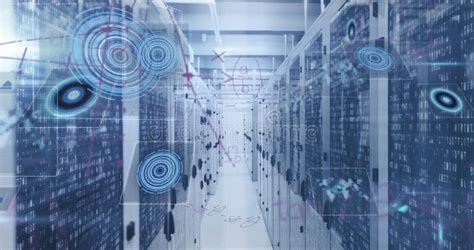 image of mathematical equations and data processing against computer server room stock image
