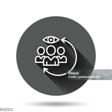 평평한 스타일의 사람들을 감시 아이콘 긴 그림자 효과와 검은 둥근 배경에 인간의 벡터 그림을 검색합니다 파트너십 서클 버튼 비즈니스 컨셉 감시에 대한 스톡 벡터 아트 및