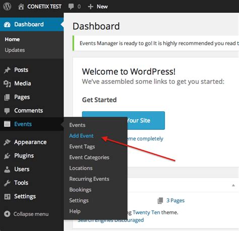 how to add an event in wordpress using event manager conetix