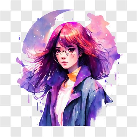 Download Anime Girl With Red Hair And Glasses In Front Of Crescent Moon