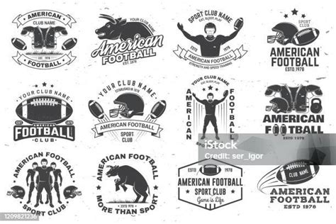 미식 축구 또는 럭비 클럽 배지 세트입니다 셔츠 인쇄 스탬프 패치 벡터 황소 미식 축구 선수 선수 헬멧 공 어깨 패드 실루엣 빈티지 디자인 Championship에 대한