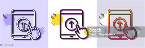 태블릿 Pc 라인 아이콘을 위로 스와이프합니다 스크롤 화살표 기호입니다 랜딩 페이지 스크롤 하프톤 도트 패턴 벡터 Brand Name Smart Phone에 대한 스톡 벡터