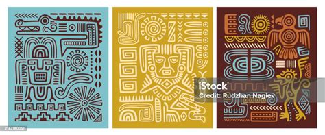 민족 포스터 세트 고대 아즈텍 그림 부족 장식품 및 나바호 상징이 있는 포스터 인테리어를 위한 디자인 요소 손으로 그린 벡터 일러스트 레이션 모음 0명에 대한 스톡 벡터
