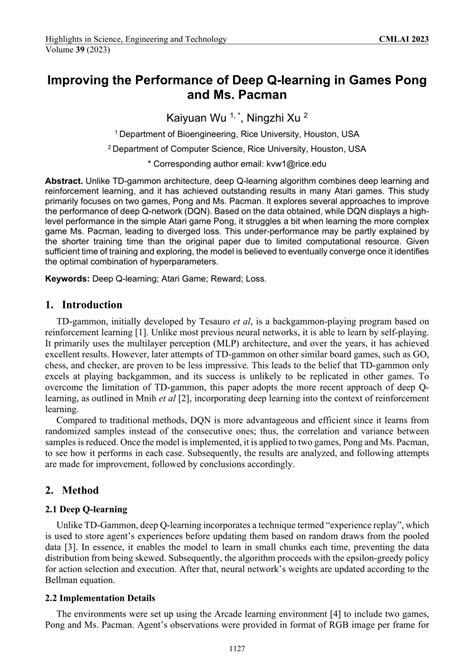 Pdf Improving The Performance Of Deep Q Learning In Games Pong And Ms Pacman
