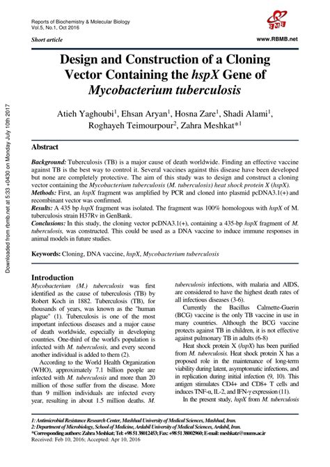 Pdf Design And Construction Of A Cloning Vector Containing The Hspx Gene Of Mycobacterium