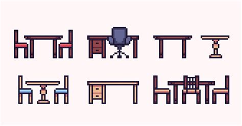 테이블과 의자 픽셀 아트 세트 식당 사무용 가구 컬렉션 8 비트 스프라이트 모자이크 처리에 대한 스톡 벡터 아트 및 기타 이미지 모자이크 처리 책상 픽셀 아트