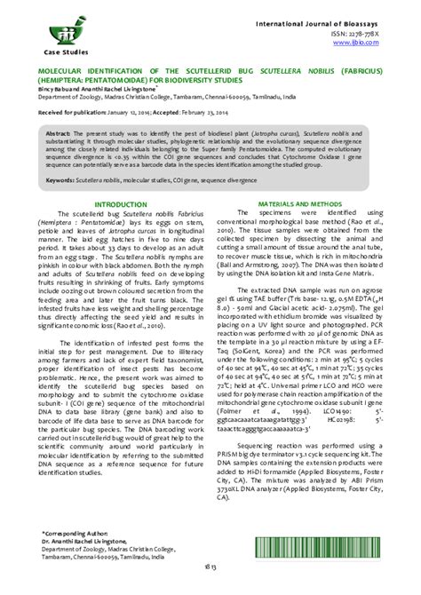 Pdf Molecular Identification Of The Scutellerid Bug Scutellera Nobilis Fabricius Hemiptera