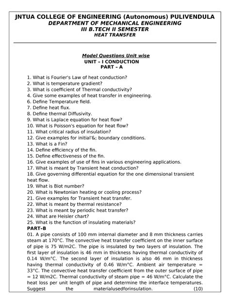 Ht Model Questions Unit Wise Jntua College Of Engineering Autonomous