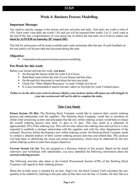 Week 4 Tute Tasks Tute Task Document Week 4 Business Process Modelling Important Message