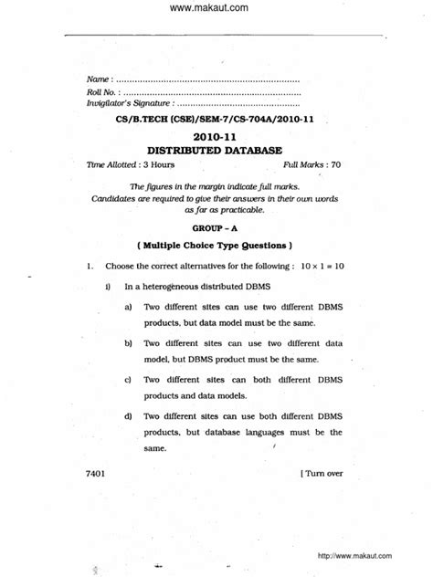 Btech Cse 7 Sem Distributed Database 2010 Pdf