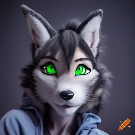 Image Of A Female Anthropomorphic Wolf Furry She Has Black Fur Green