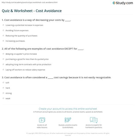 Quiz And Worksheet Cost Avoidance