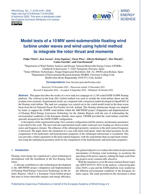 Pdf Model Tests Of A 10 Mw Semi Submersible Floating Wind Turbine Under Waves And Wind Using
