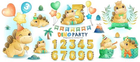 Festa De Aniversário De Dinossauro Bonitinho Com Ilustração Em Aquarela