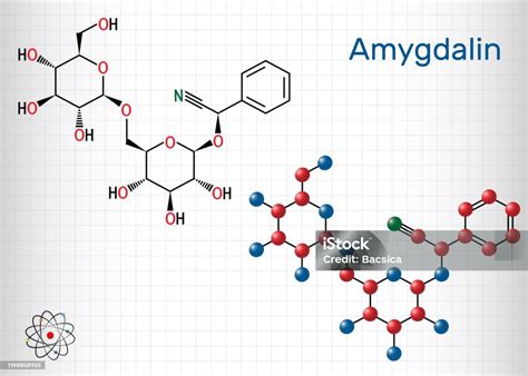 아미그달린 래트릴 분자는 자연적으로 발생하는 시아노제닉 글리코시드입니다 구조 화학 공식 및 분자 모델 케이지에 있는 종이 시트 0명에 대한 스톡 벡터 아트 및 기타 이미지
