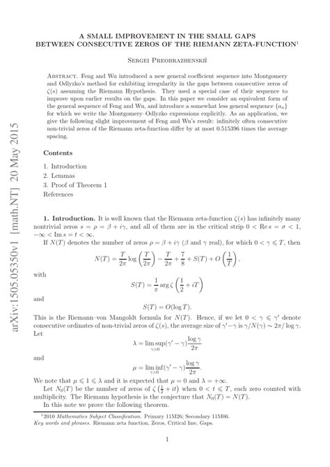 Pdf A Small Improvement In The Small Gaps Between Consecutive Zeros Of The Riemann Zeta Function