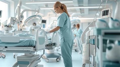 A Nurse In Blue Scrubs Tends To A Patient In A Modern Hospital Icu Room