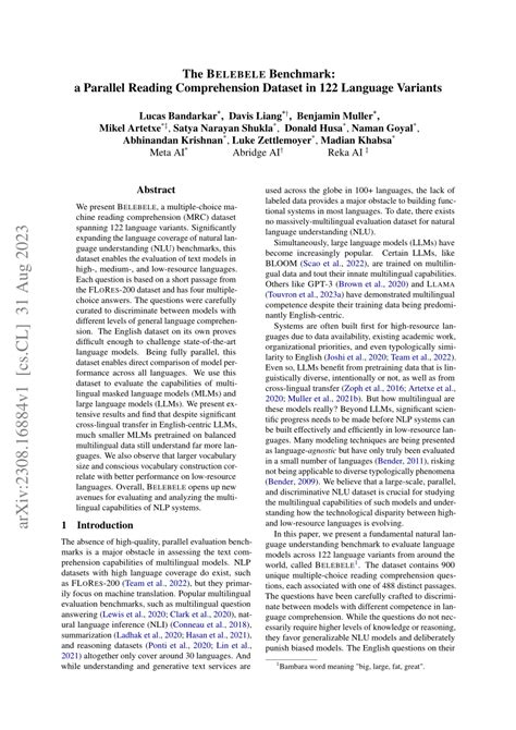 Pdf The Belebele Benchmark A Parallel Reading Comprehension Dataset