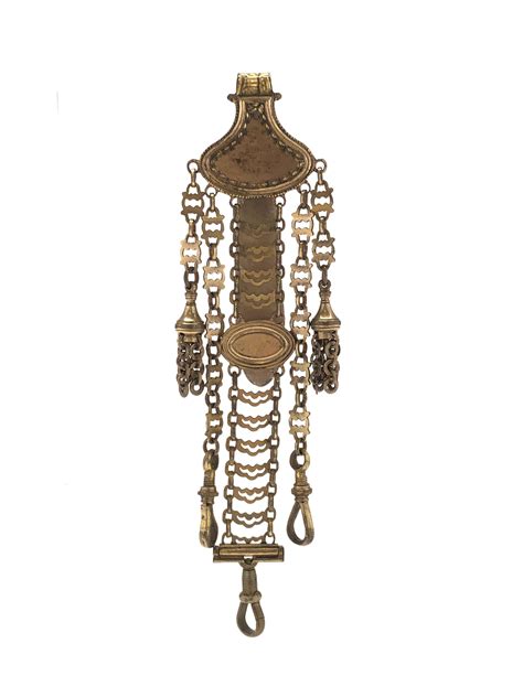 Lot Antique 19th Century Gilt Brass Chatelaine With 3 Chains And 2 Tassels