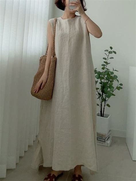 Casual Simple Solid Color Split Side Round Neck Sleeveless Midi Dress