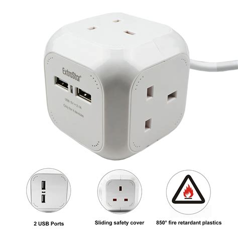 3 Way Power Cube Socket With 2 USB Ports 1 5M Electric Extension Lead Status 741025331341 EBay