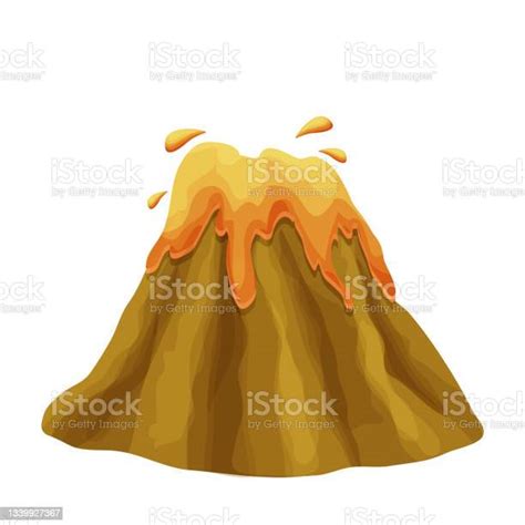 흰색 배경에 고립 된 만화 스타일의 마그마와 화산 분화 화산 활동 뜨거운 용암 분화구와 큰 산 벡터 일러스트레이션 화산에 대한