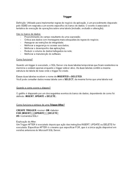Trigger Banco De Dados Pdf Bancos De Dados Microsoft Sql Server