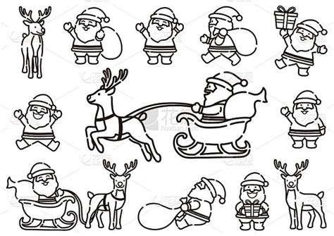 有趣的卡通圣诞老人和驯鹿设置在动态姿势，矢量插图。素材 花瓣网