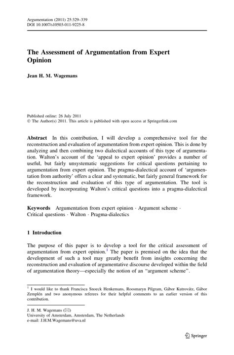 Pdf The Assessment Of Argumentation From Expert Opinion