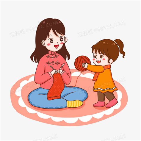 手绘卡通女儿帮妈妈卷毛线免抠元素图片免费下载 PNG素材 编号z2ri30m59 图精灵