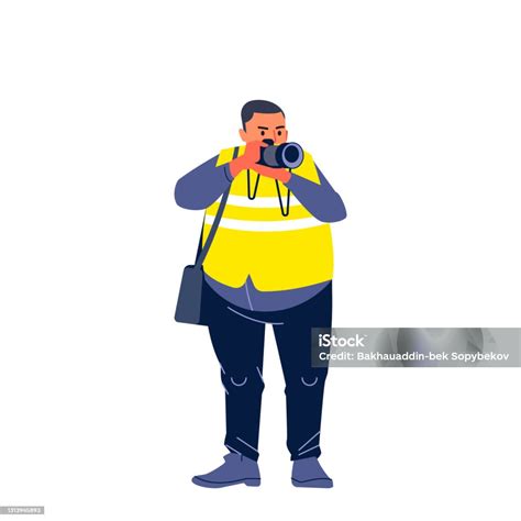 포토저널리스트 전쟁과 갈등 거리 폭동을 기록한 카메라맨 사진 제작 하는 캐릭터 저널리스트 사진 작가 흰색 배경에 고립 된 만화